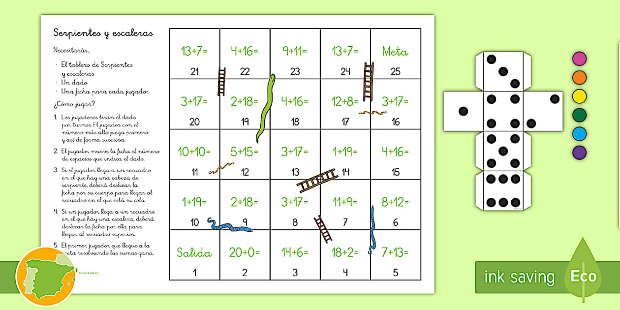 Juego de mesa: Serpientes y escaleras - Sumas hasta 20