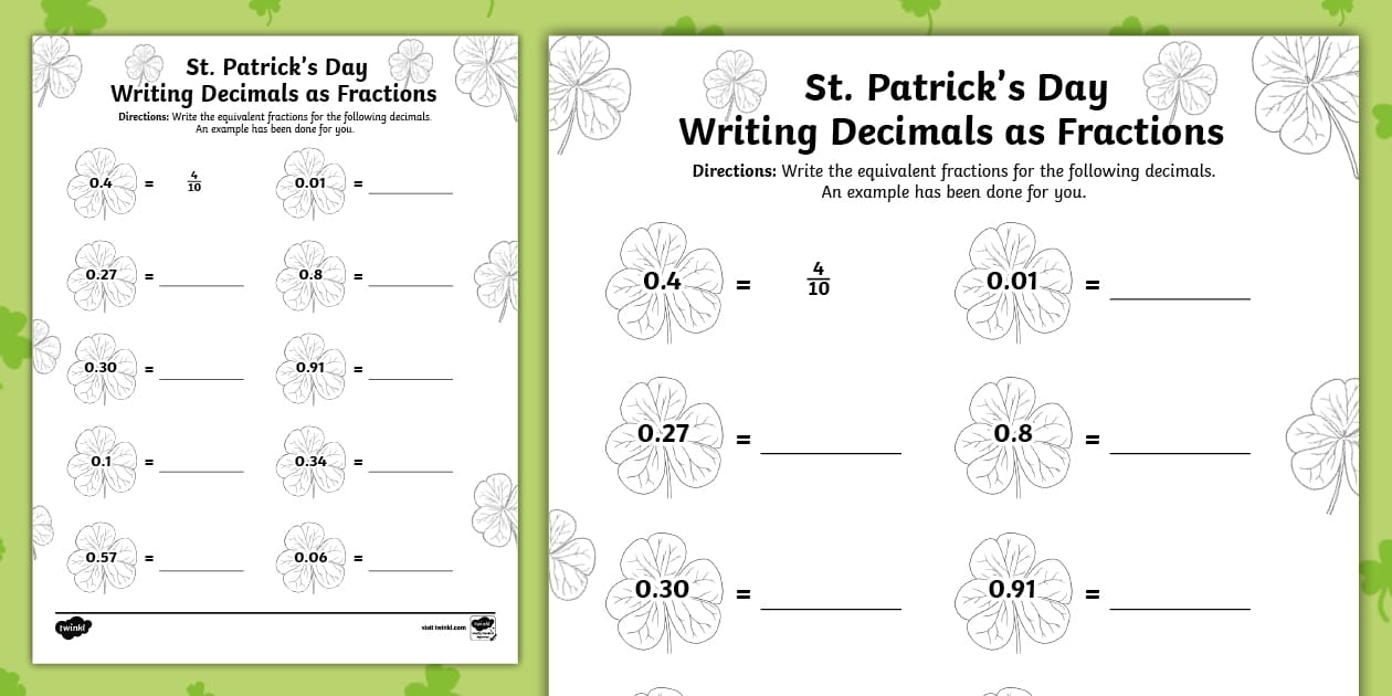 St. Patrick's Day Writing Decimals as Fractions Activity