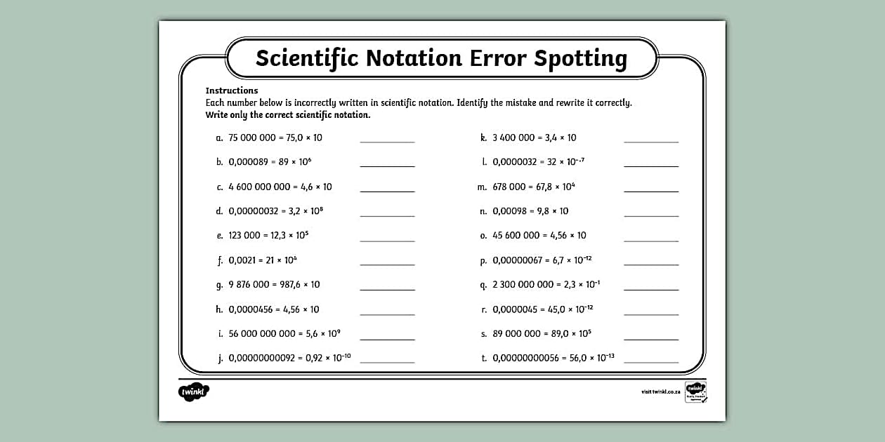 Scientific Notation Error-Spotting Worksheet (teacher made)