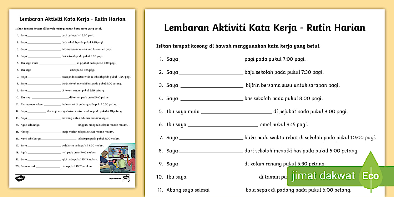 Lembaran Aktiviti Kata Kerja - Rutin Harian - Twinkl