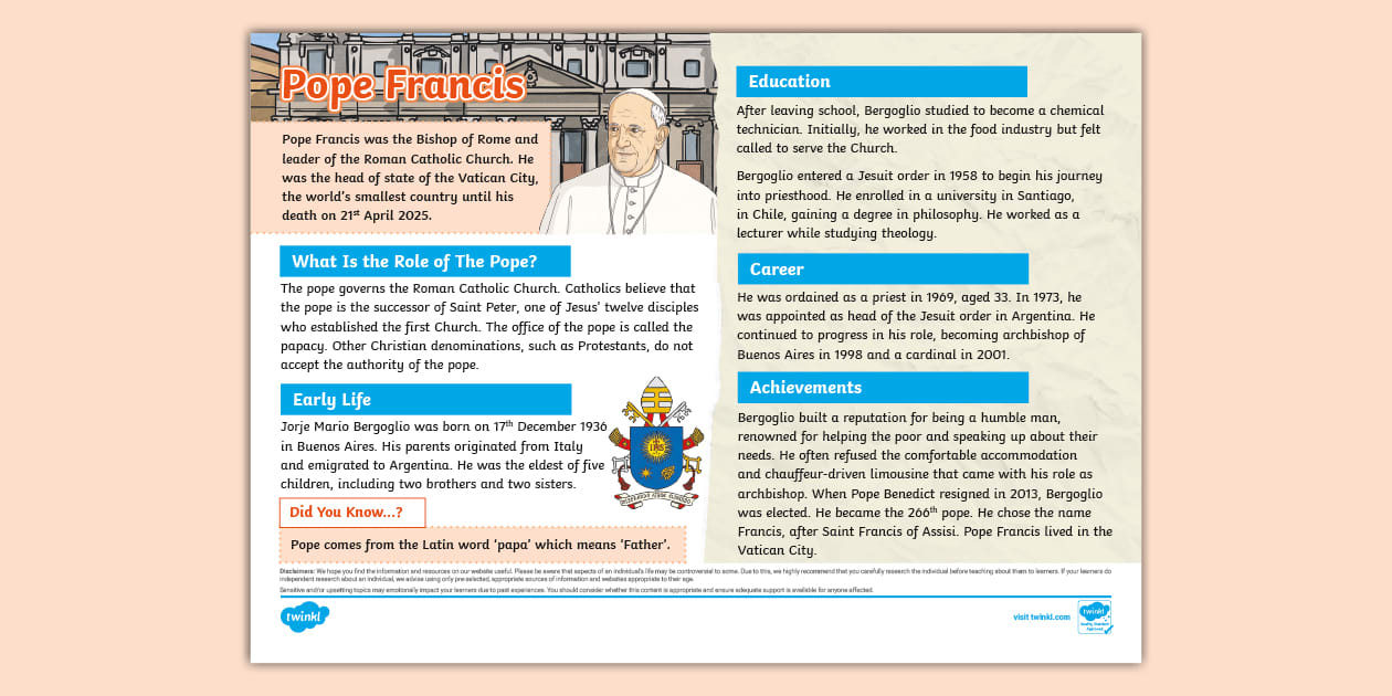 Pope Francis Fact File KS2 - RE (teacher made) - Twinkl