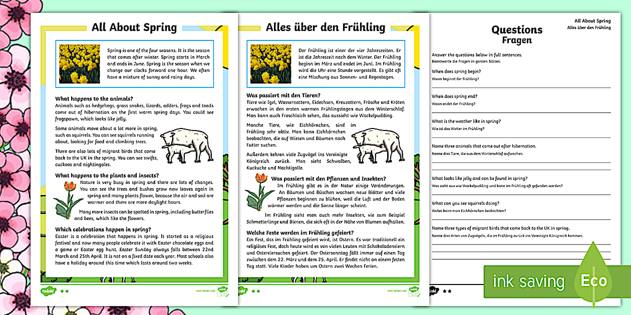 Spring Differentiated Reading Comprehension Activity English/German