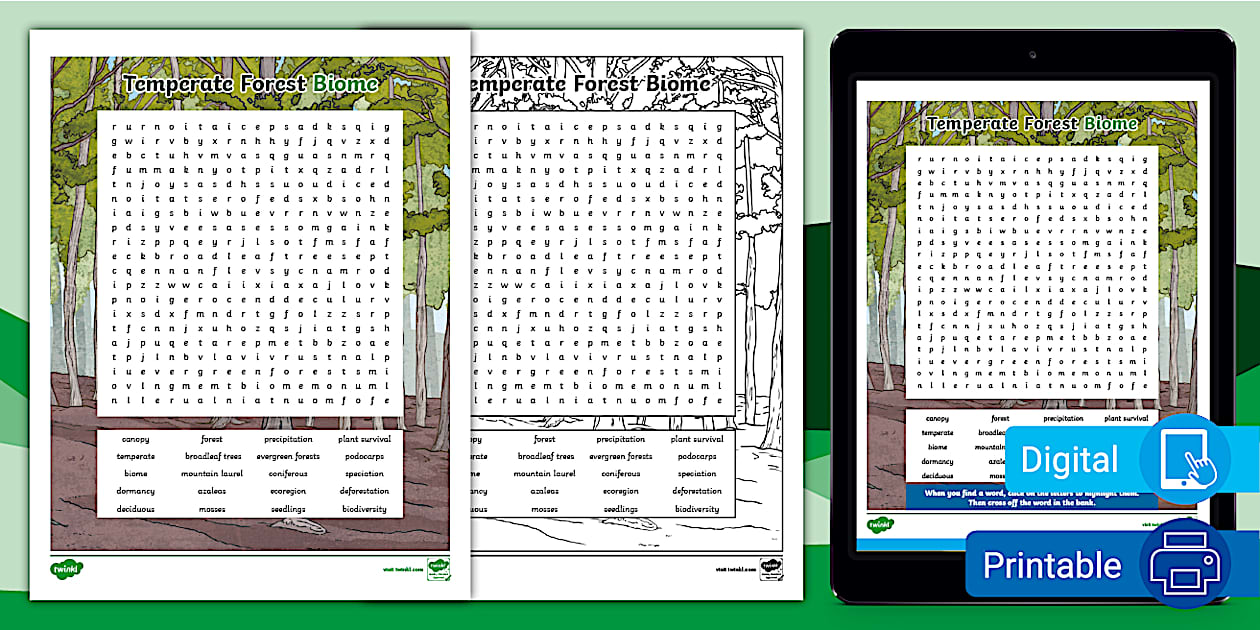 Temperate Forest Biome Word Search for 6th-8th Grade