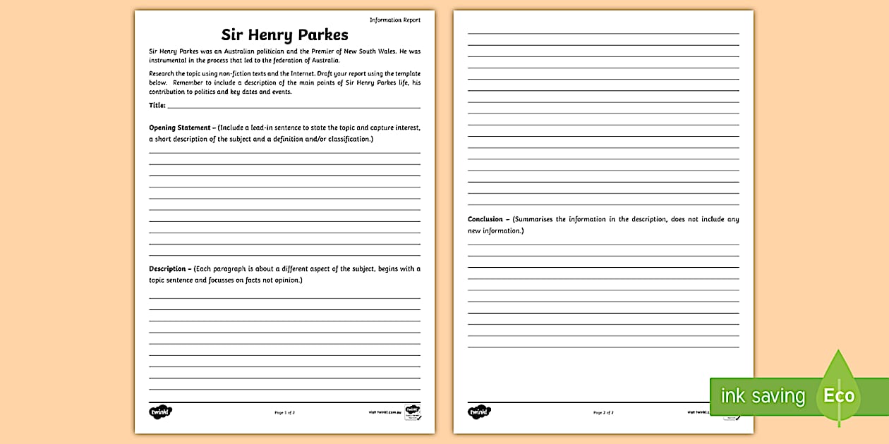 Sir Henry Parkes Report Writing Template - Year 6 History