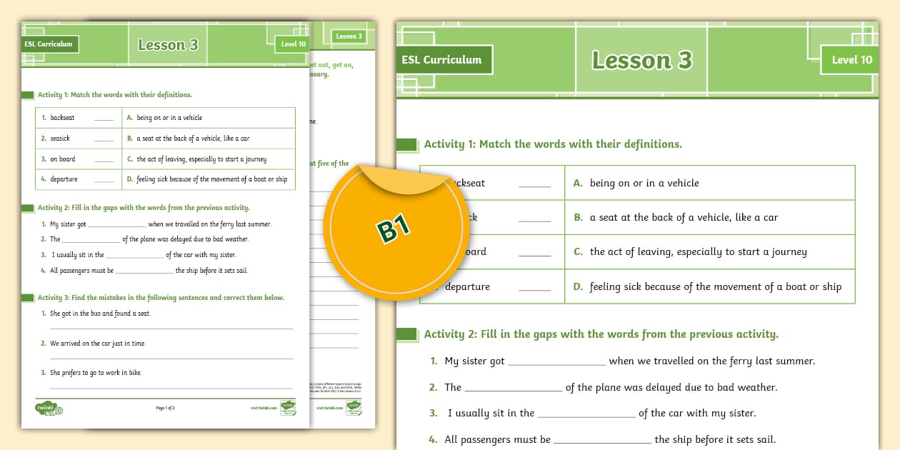 ESL Curriculum Level 10 Lesson 3 Activity Sheet - Twinkl