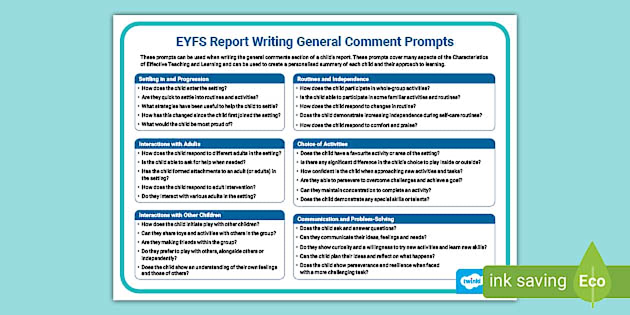 EYFS Report Writing General Comments Prompts (teacher made)