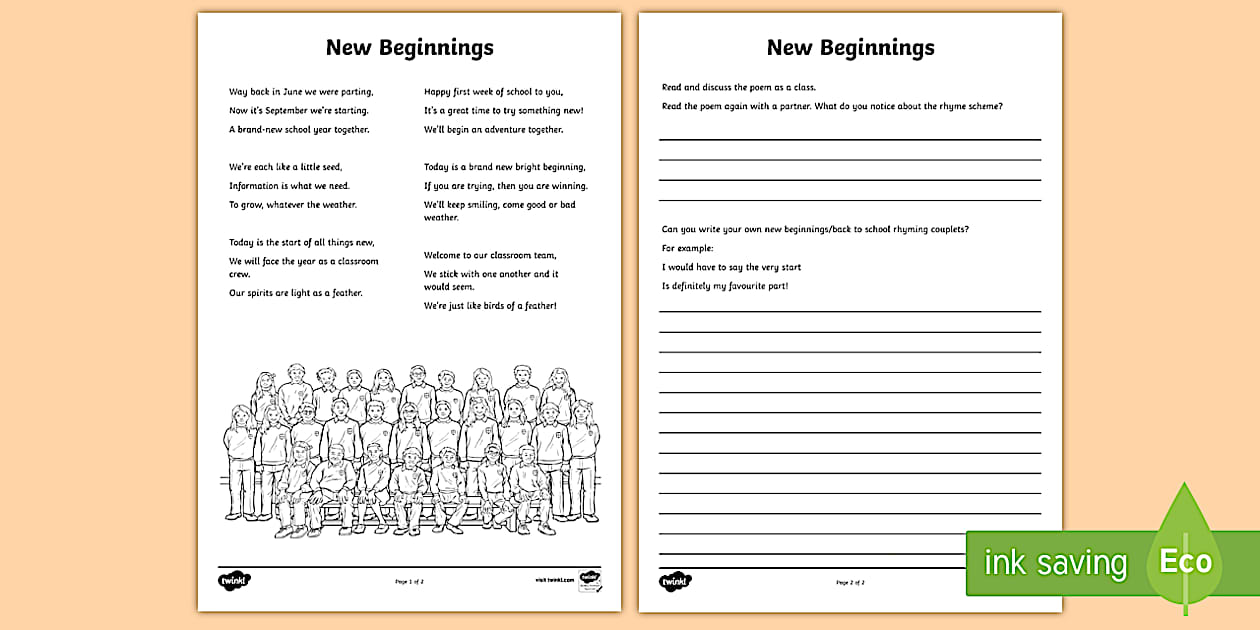 New Beginnings Poem Worksheet (teacher made) - Twinkl