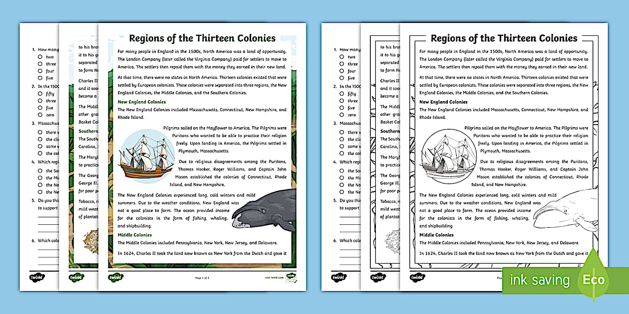 Editable Fifth Grade Regions of the Thirteen Colonies Reading Comprehension