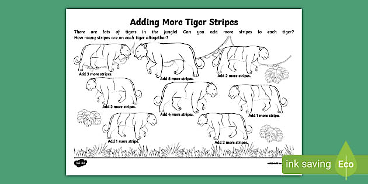 👉 Tiger Stripes Adding More Maths Worksheet - Twinkl