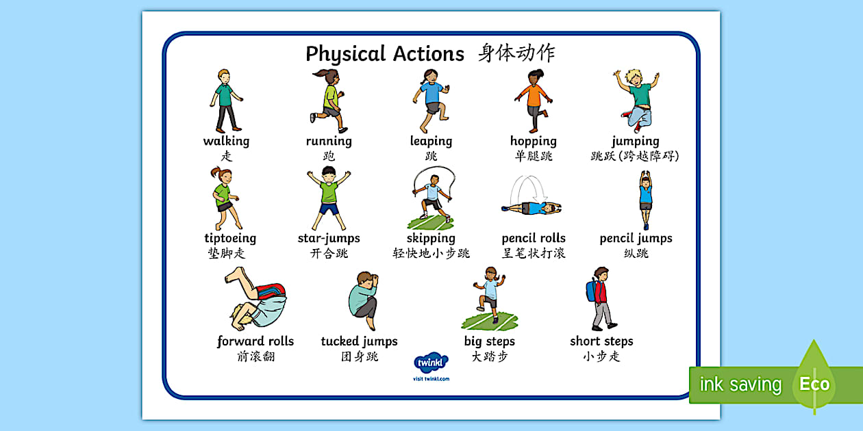 PE Physical actions Word Mat - English/Mandarin Chinese
