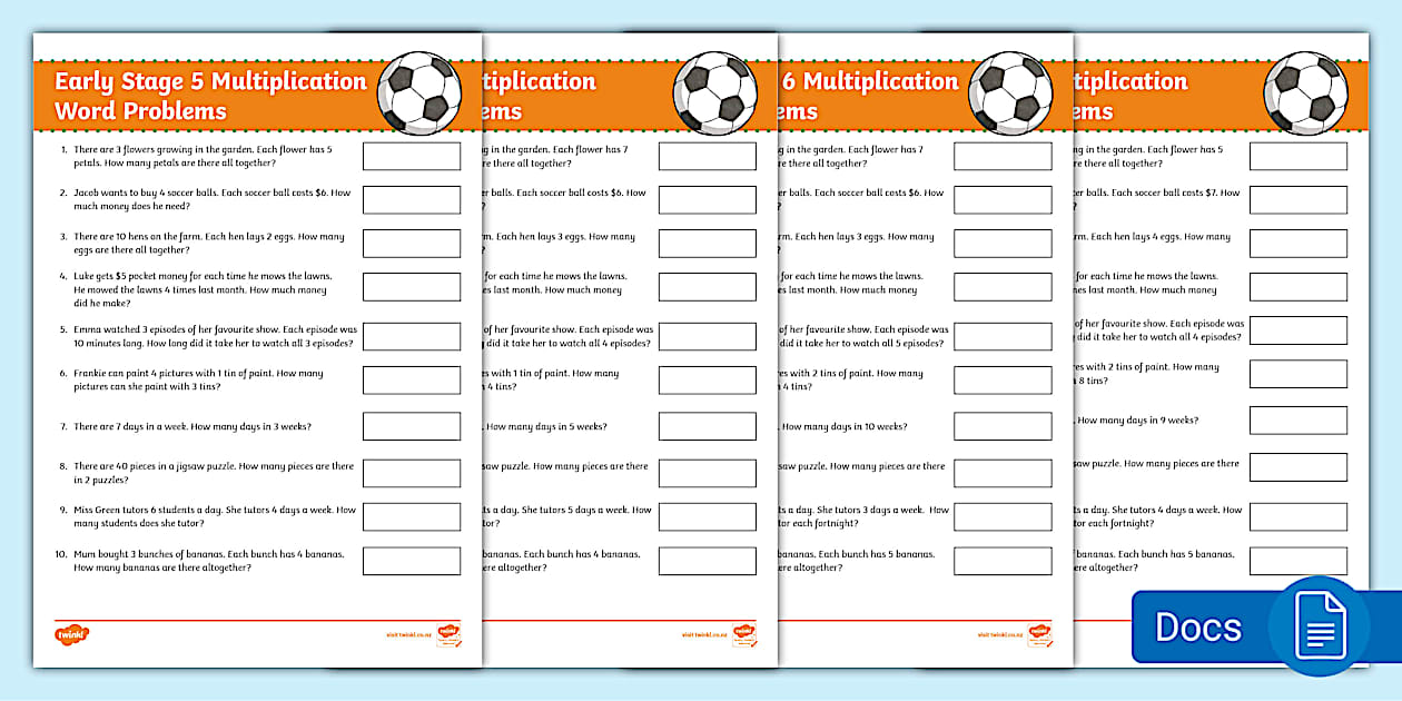 Early Stage 5 to 6 (Phase 1-2) Differentiated Multiplication Word Problems