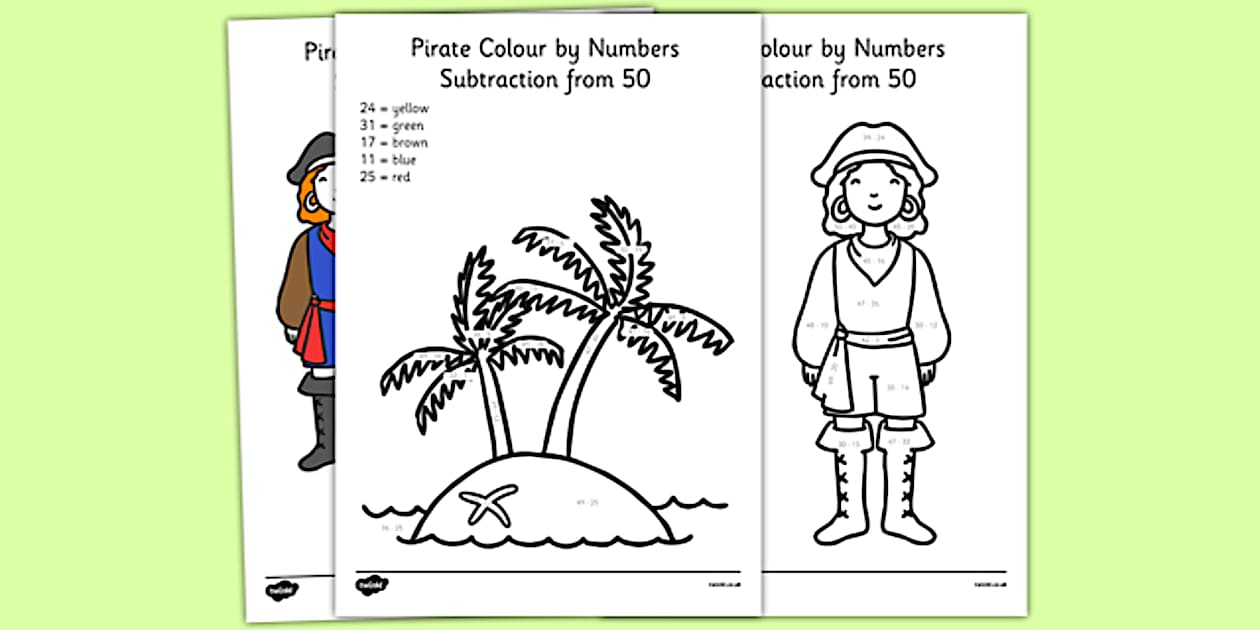 Dyslexic Pirate Themed Subtraction From 50 Colour by Numbers
