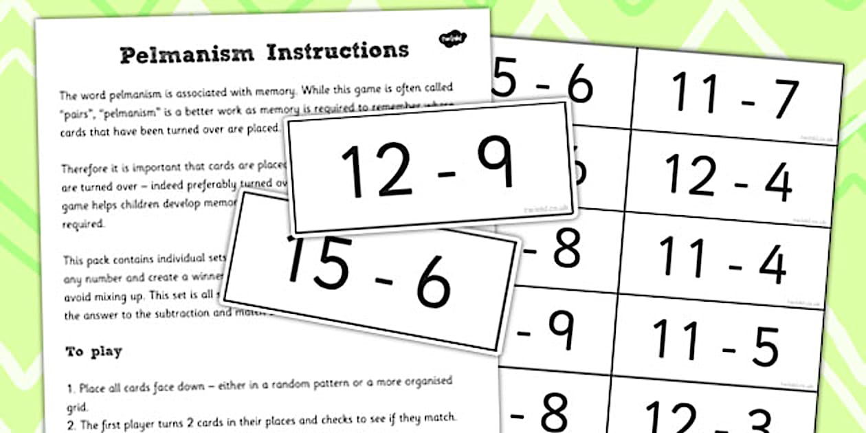 Pelmanism Subtraction Facts Game to 10, maths, memory, game