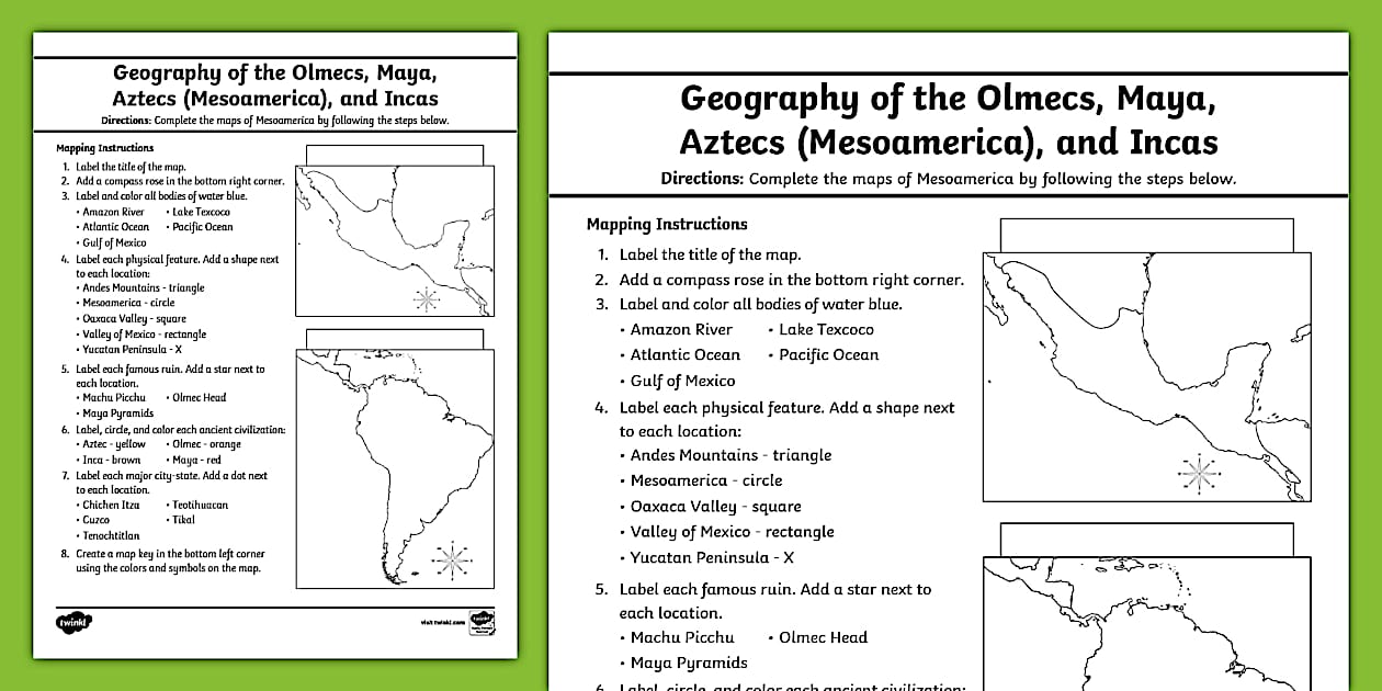 Olmecs, Maya, Aztecs, and Incas Map Worksheet for 6-8 Gr