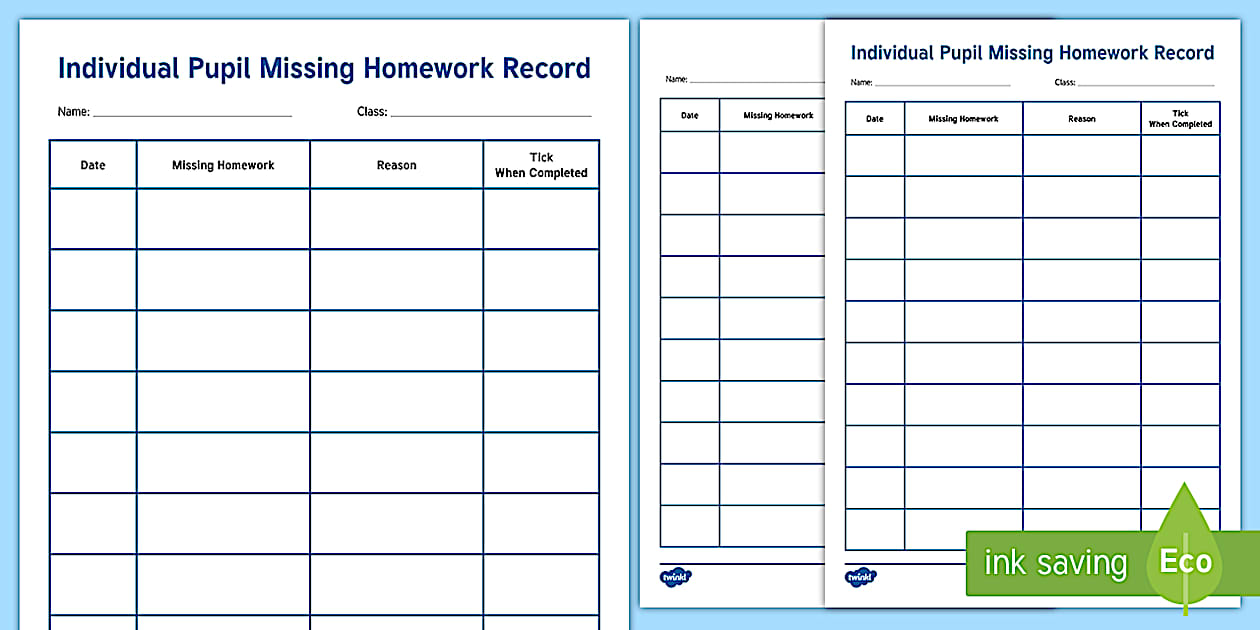 Black and White Individual Pupil Missing Homework Record