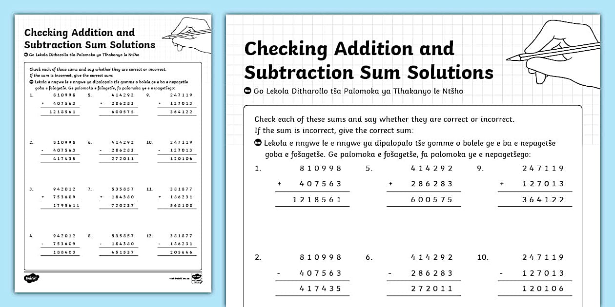 Checking Addition and Subtraction Sum Solutions Activity Sheet Sepedi