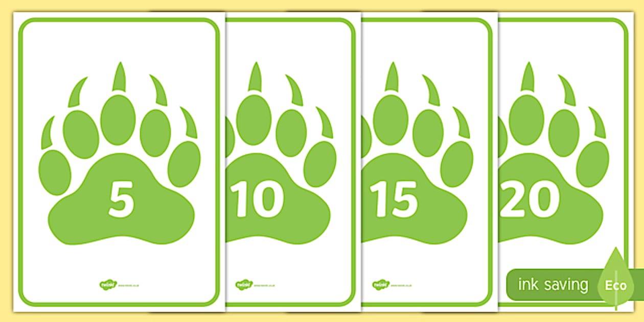Numbers 0 to 20 on Paw Prints A4 Display Poster - Twinkl