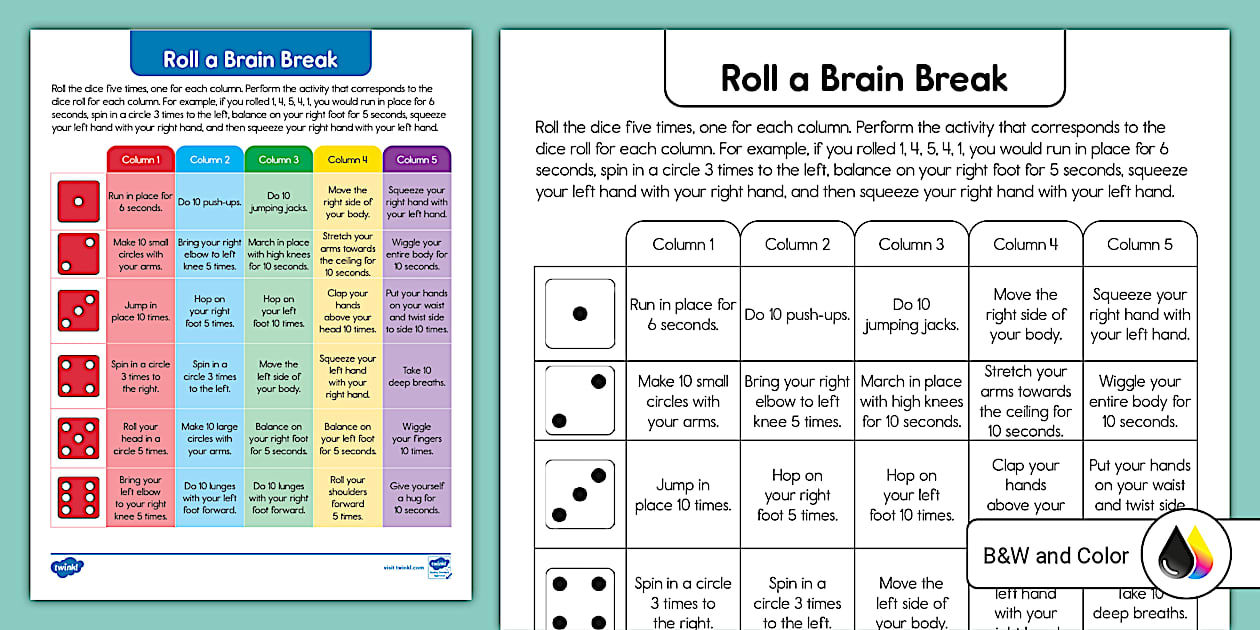 Roll a Brain Break Worksheet | Resource | Twinkl USA