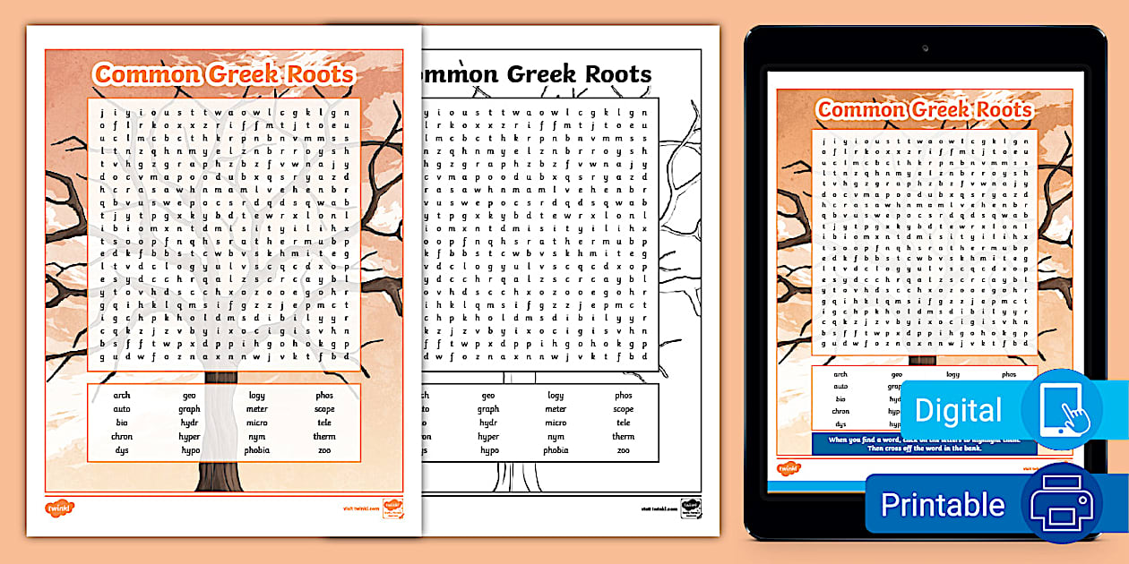 Common Greek Roots Word Search for 6th-8th Grade - Twinkl