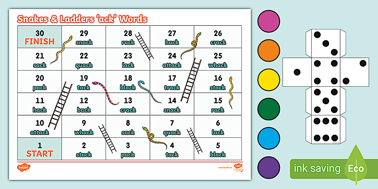 Snakes & Ladders Word Family '-ack' Game - Twinkl