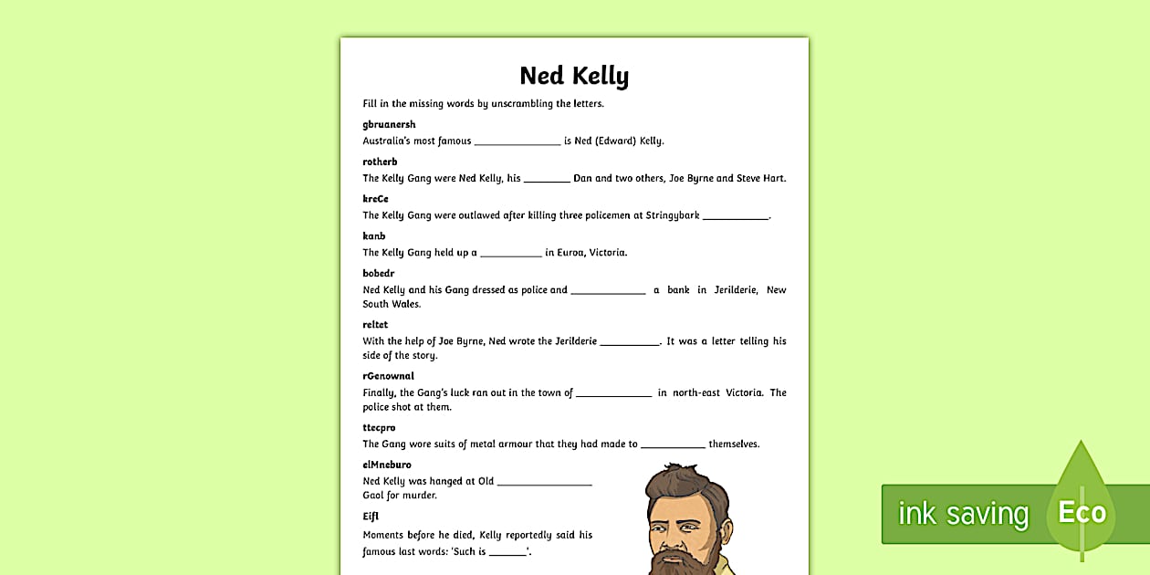 Ned Kelly Word Unscramble (teacher made) - Twinkl