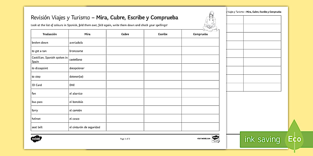 Travel and Tourism Look Cover Write Check Worksheet / Worksheet Spanish