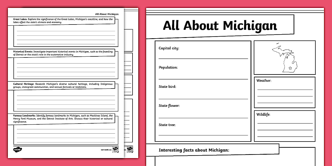 All About Michigan Research Worksheet for 3rd-5th Grade