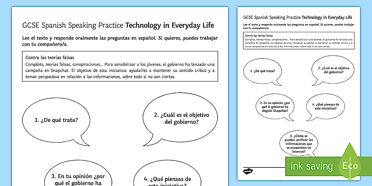 Spanish Technology in Everyday Life Speaking Practice Worksheet / Worksheet