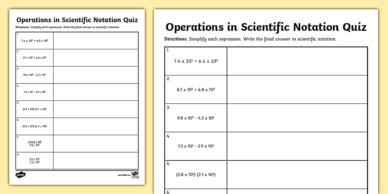 Eighth Grade Operations in Scientific Notation Quiz - Twinkl