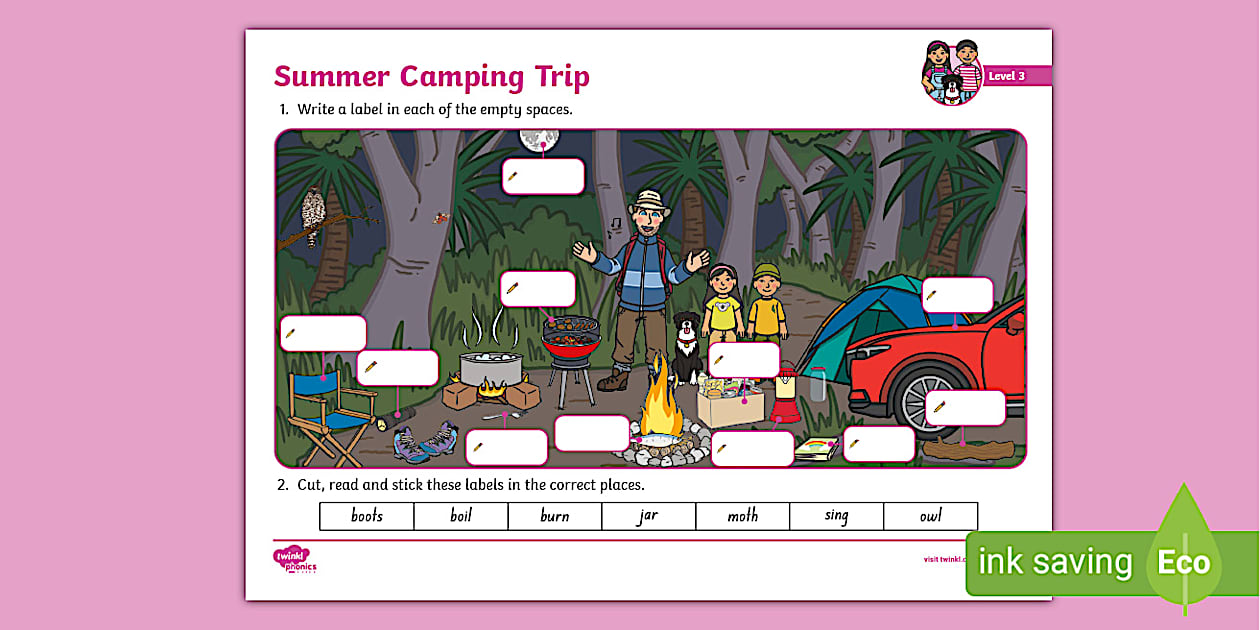 Phonics Level 3 Summer Camping Trip Picture Worksheet
