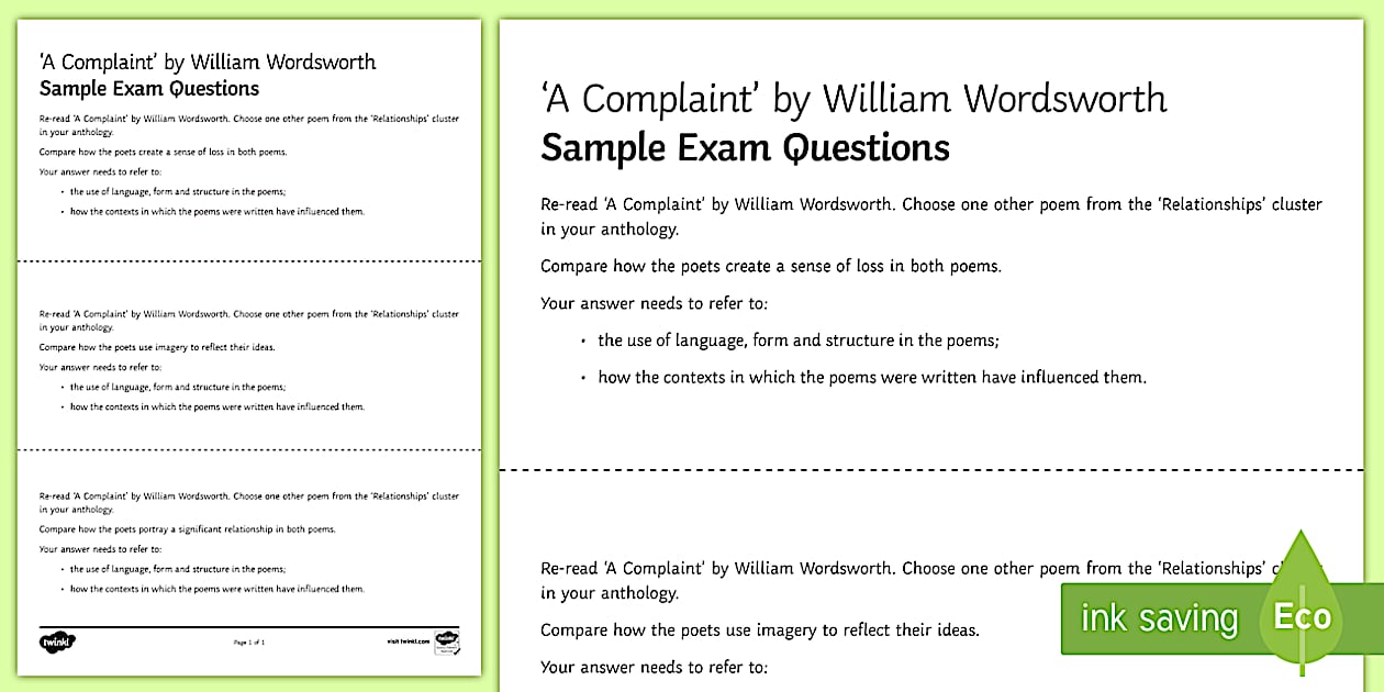 GCSE Poetry Exam Questions Pack to Support Teaching on 'A Complaint' by
