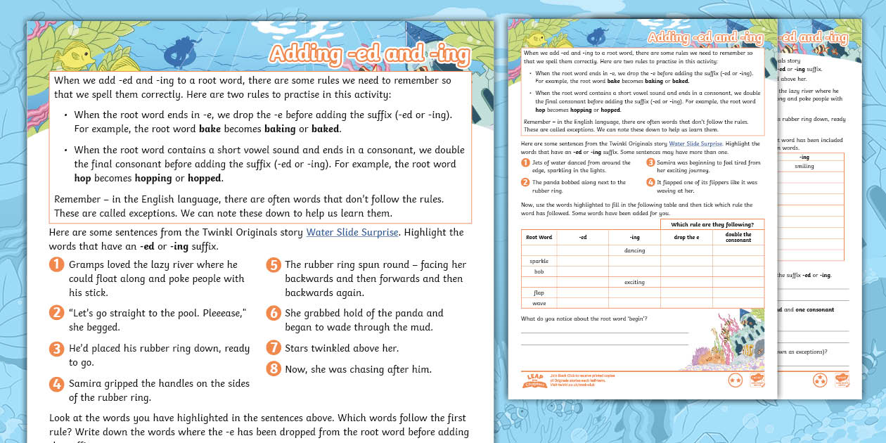 Water Slide Surprise Year 2 Adding -ed and -ing Activity