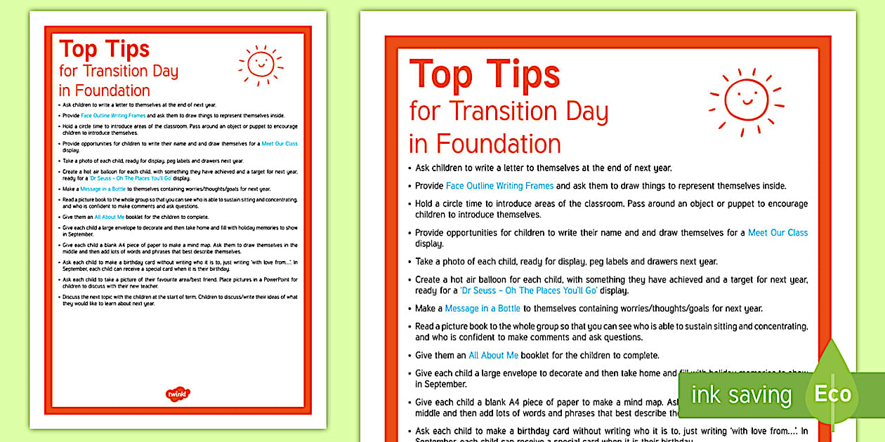 Foundation Phase Transition Day Top Tips Sheet - Twinkl