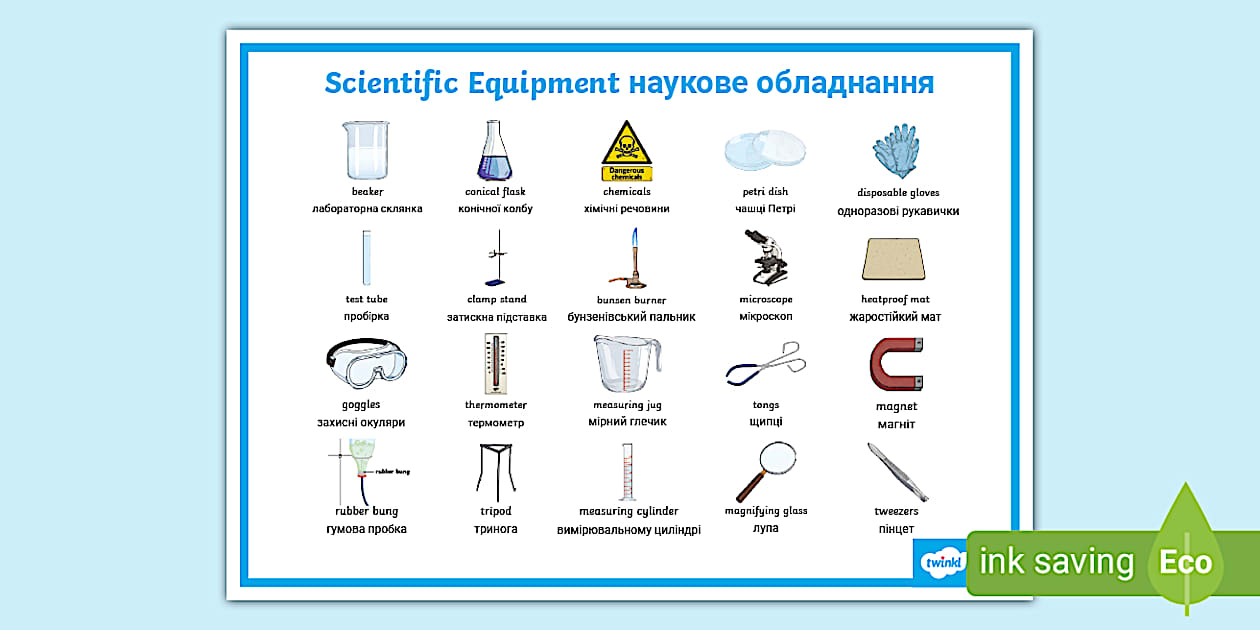 Scientific Equipment Word Mat - English and Ukrainian