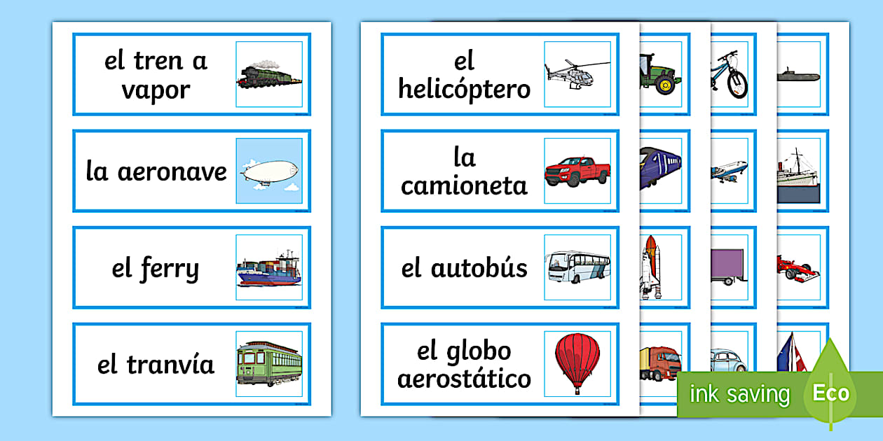 Editable Transport Word Cards Spanish (Lehrer gemacht)