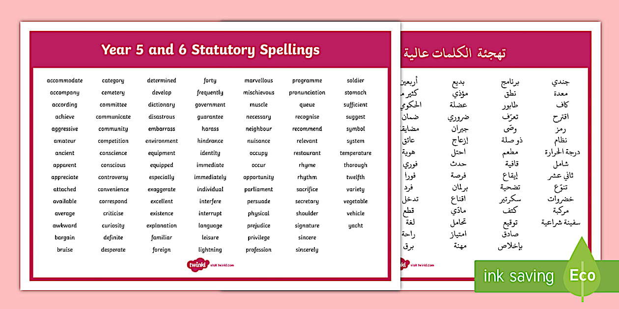 Statutory Spellings Year 5 and 6 Word Mat - Twinkl