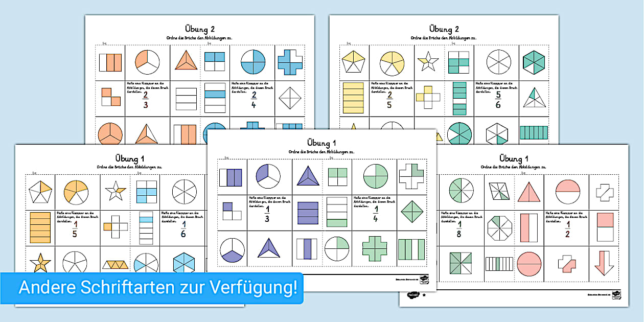 Brüche mit Klammerkarten erkennen und üben - differenzierte Arbeitsblätter