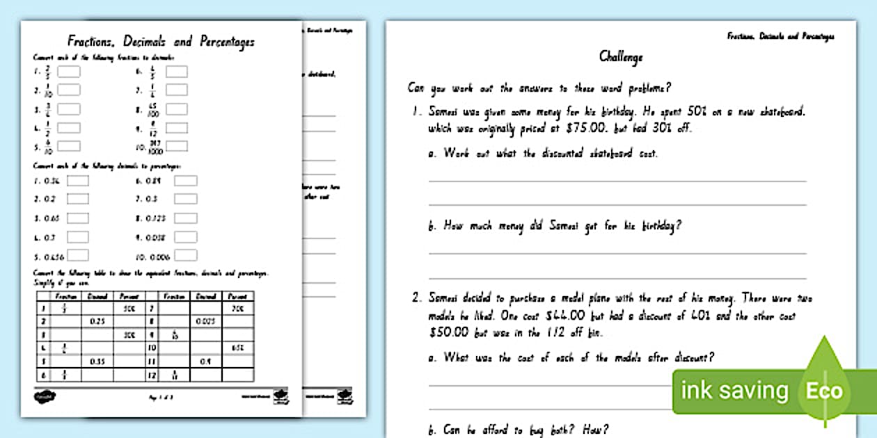 Fractions, Decimals and Percentages - Twinkl