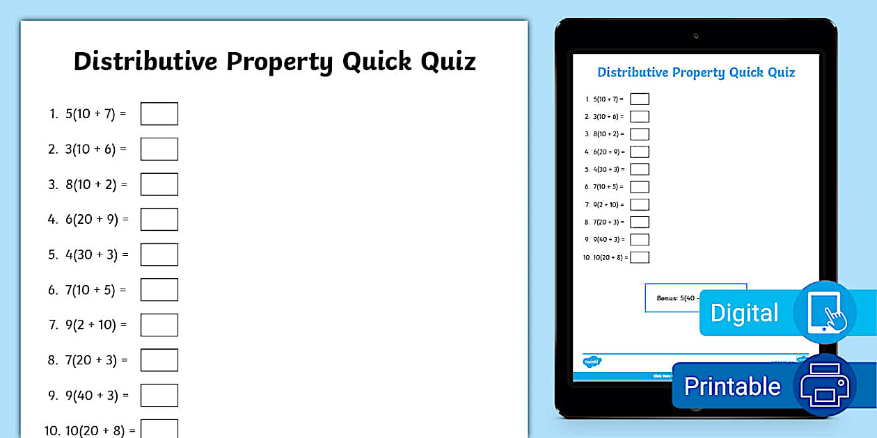 Third Grade Distributive Property Quick Quiz - Twinkl