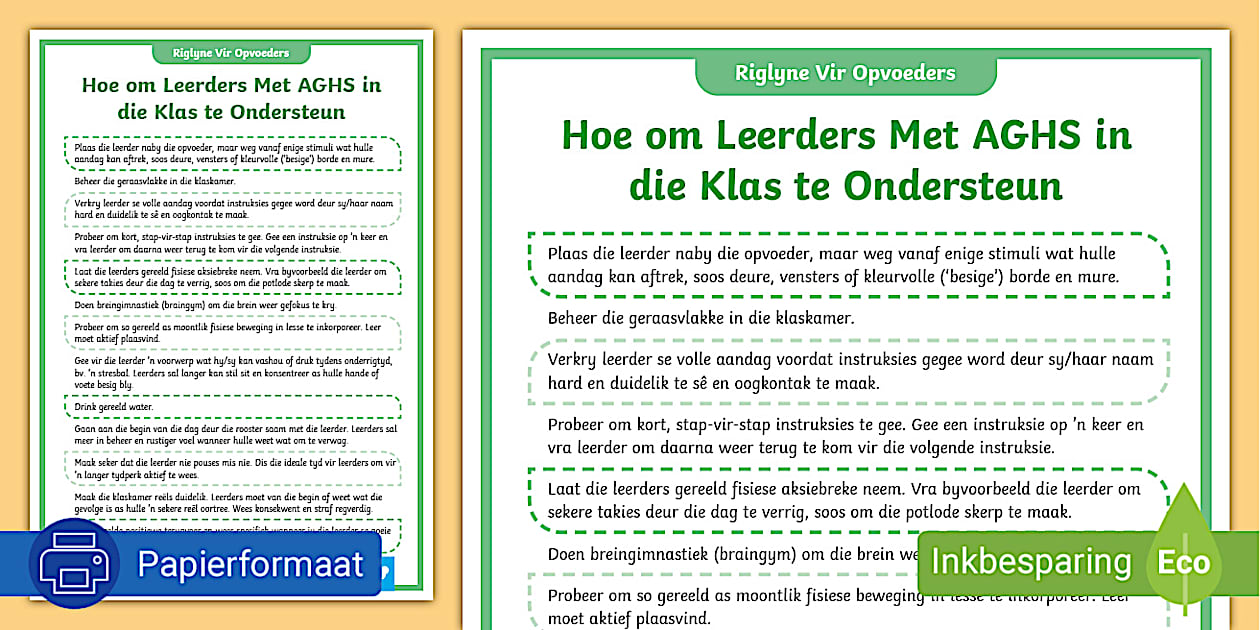 Riglyne hoe om leerders met AGHS in die klas te ondersteun