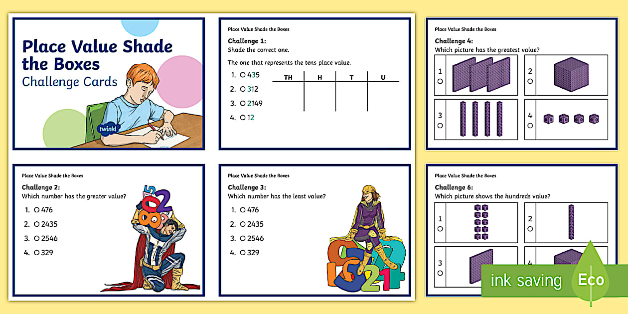 Year 3 Place Value shade the boxes Challenge Cards - Twinkl