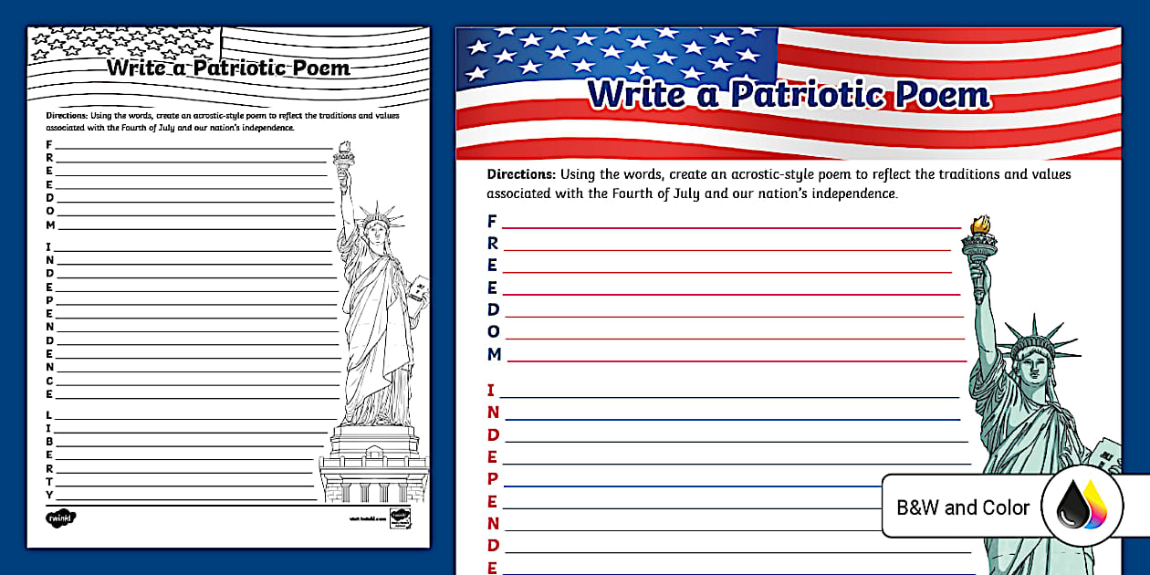 Write a Patriotic Poem Worksheet for 6th-8th Grade - Twinkl