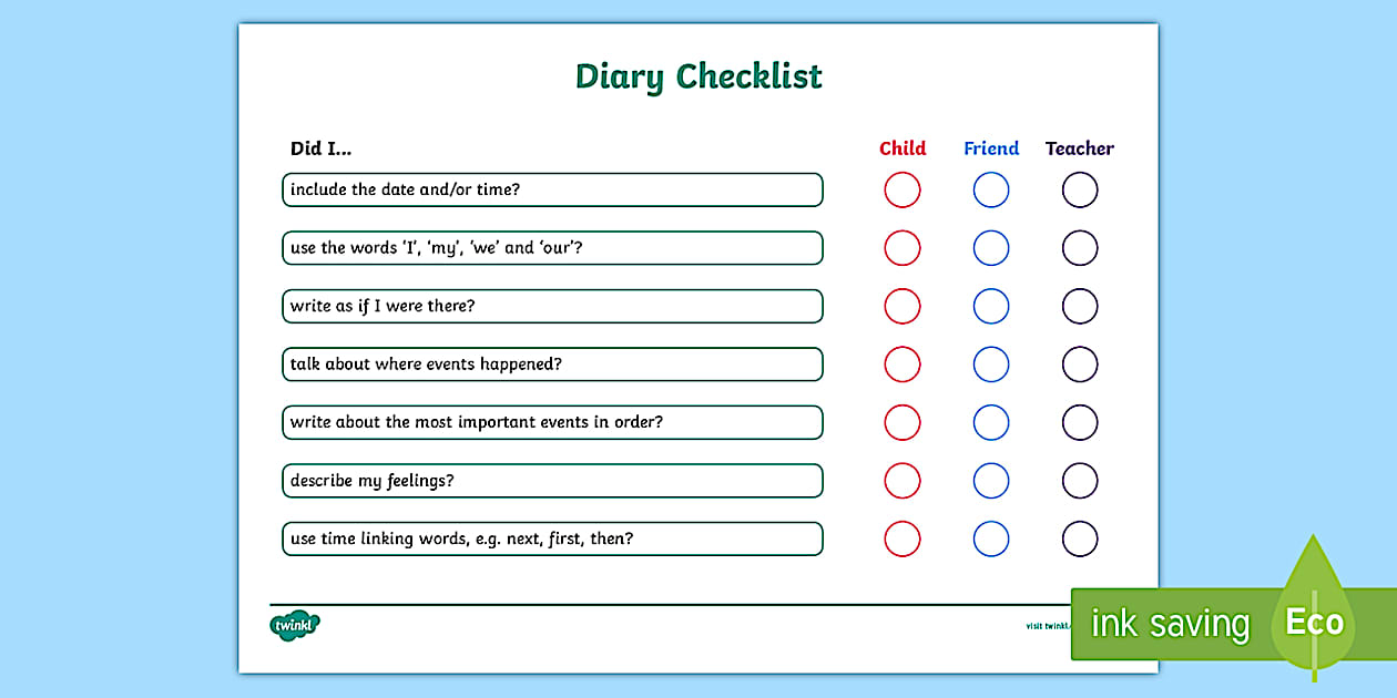 Editable KS1 Diary Writing Checklist (teacher made) - Twinkl