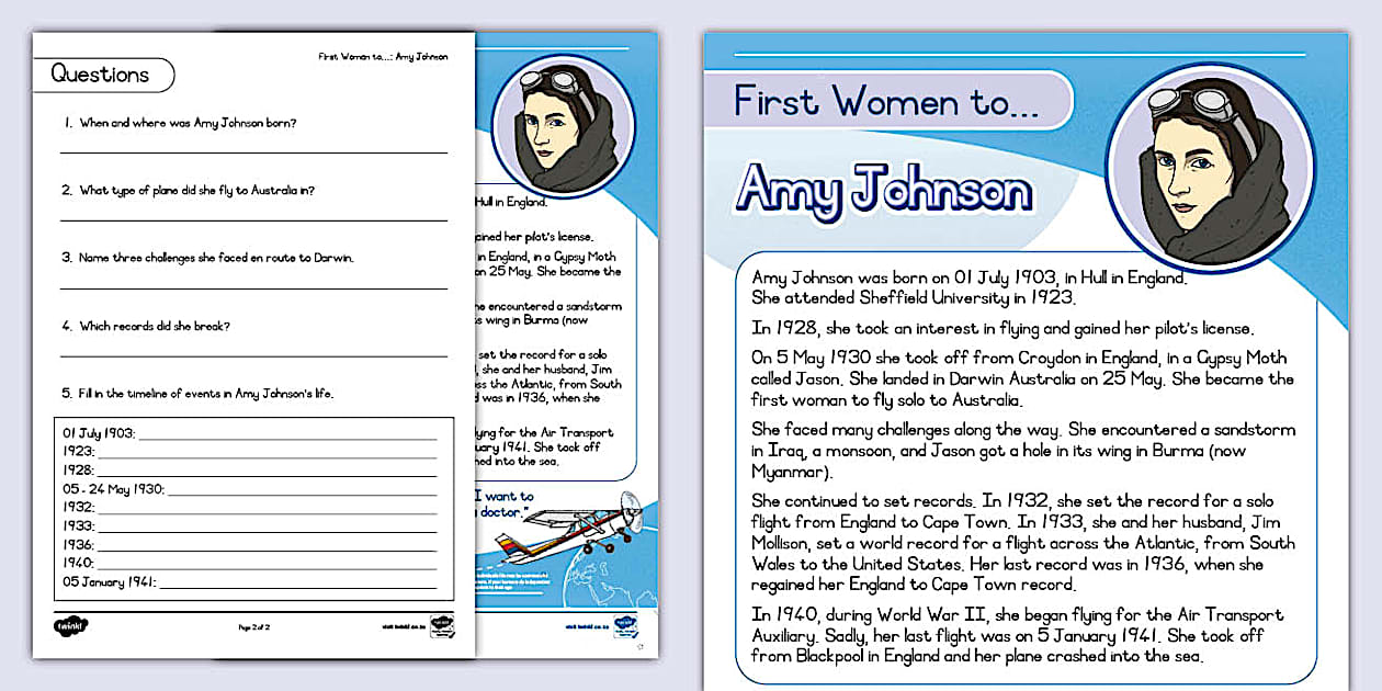 First Woman to…: Amy Johnson – Comprehension Card 4