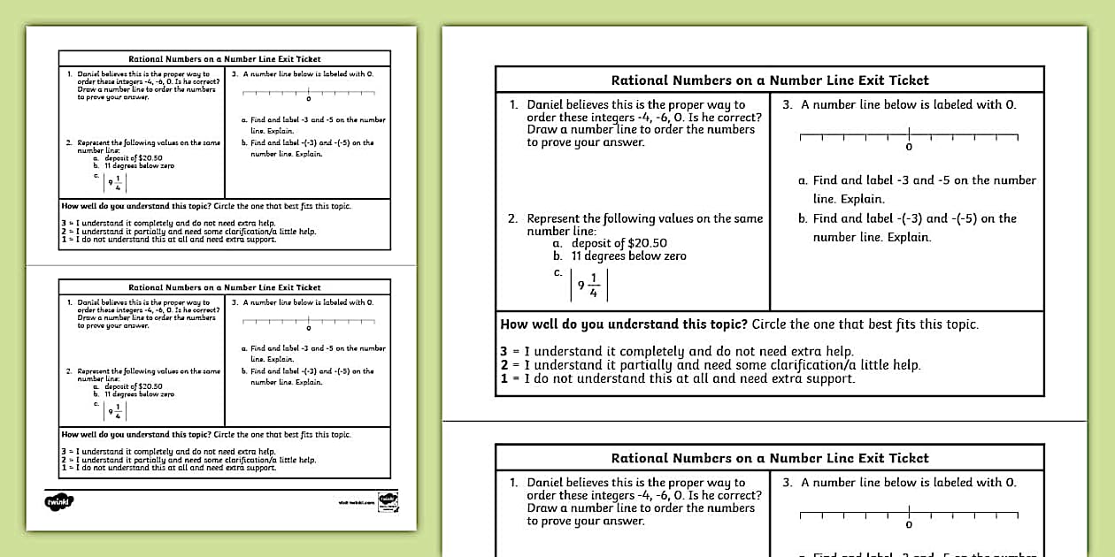 Seventh Grade Rational Numbers on a Number Line Exit Ticket
