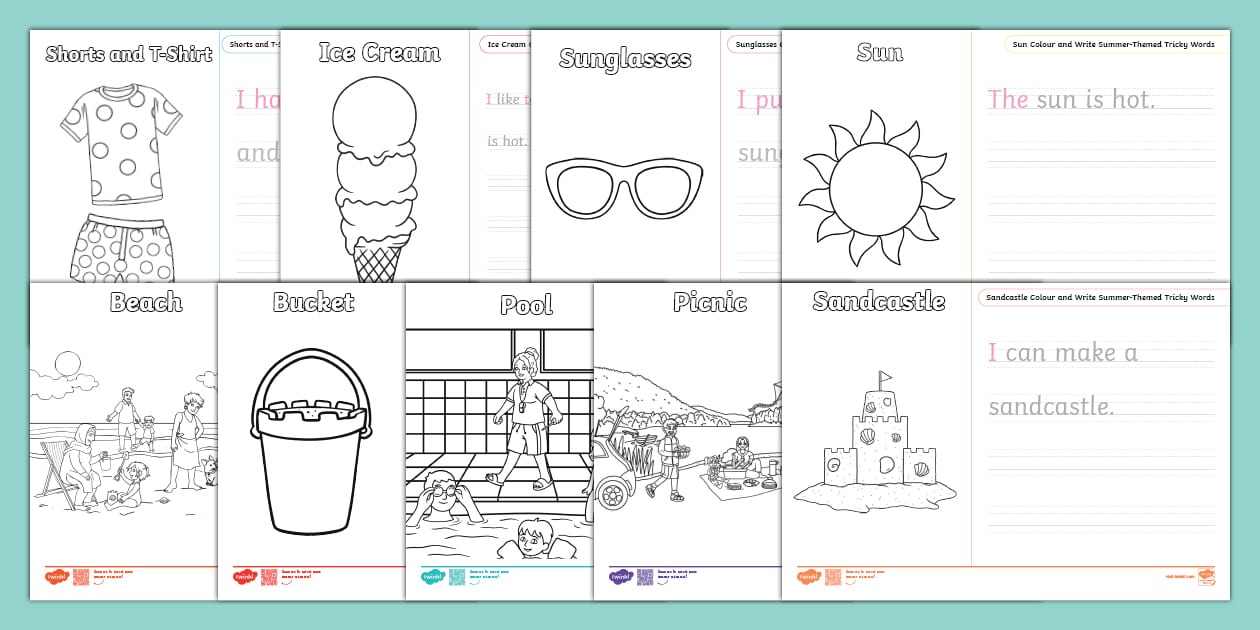 Summer-Themed Colour and Write Tricky Words Resource Pack