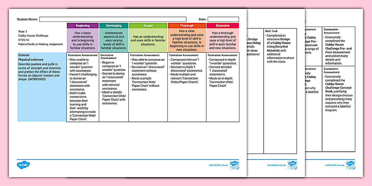 STEM IU Yr 1 Cubby House Challenge Assessment Rubric