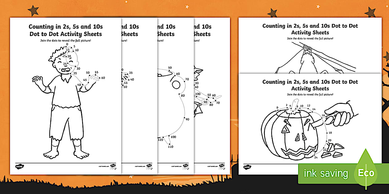 Halloween Themed Counting in 2s, 5s and 10s Dot to Dot Worksheet