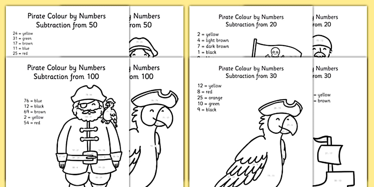 Pirate Themed Subtraction Color by Numbers Pack - Twinkl