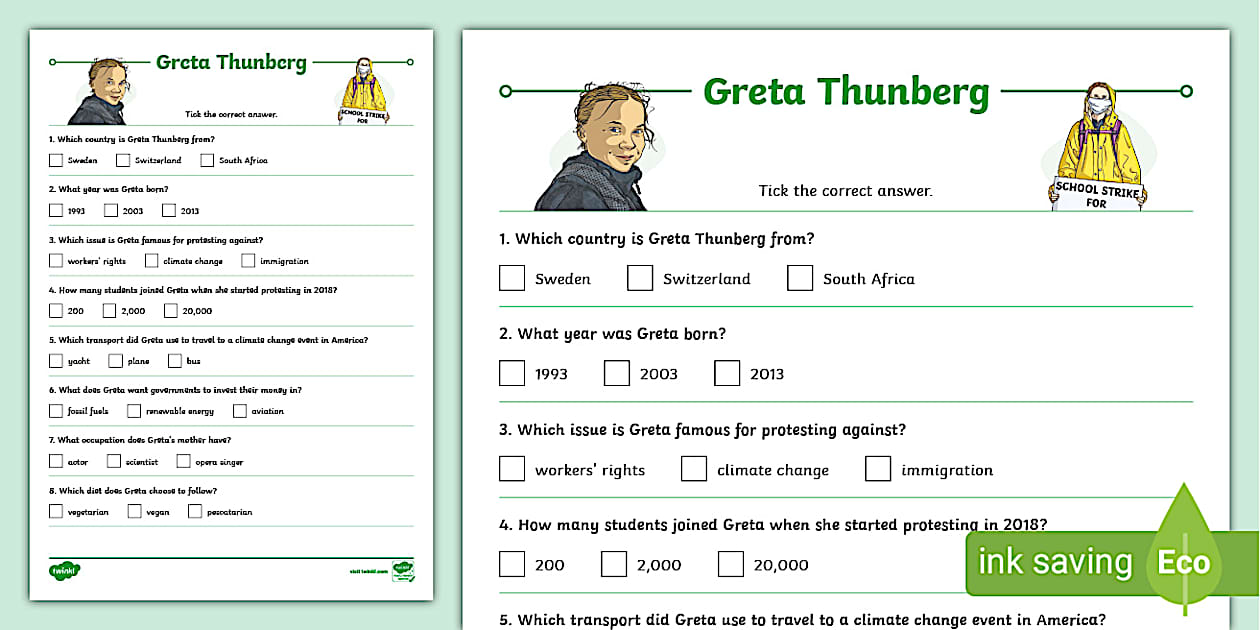Greta Thunberg Quiz,Greta Thunberg (teacher made) - Twinkl